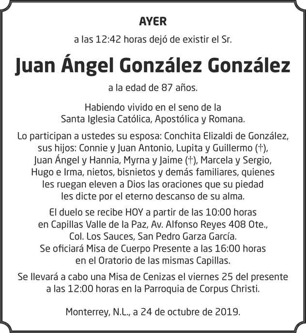 Señor Juan Ángel González González Obituario Esquela