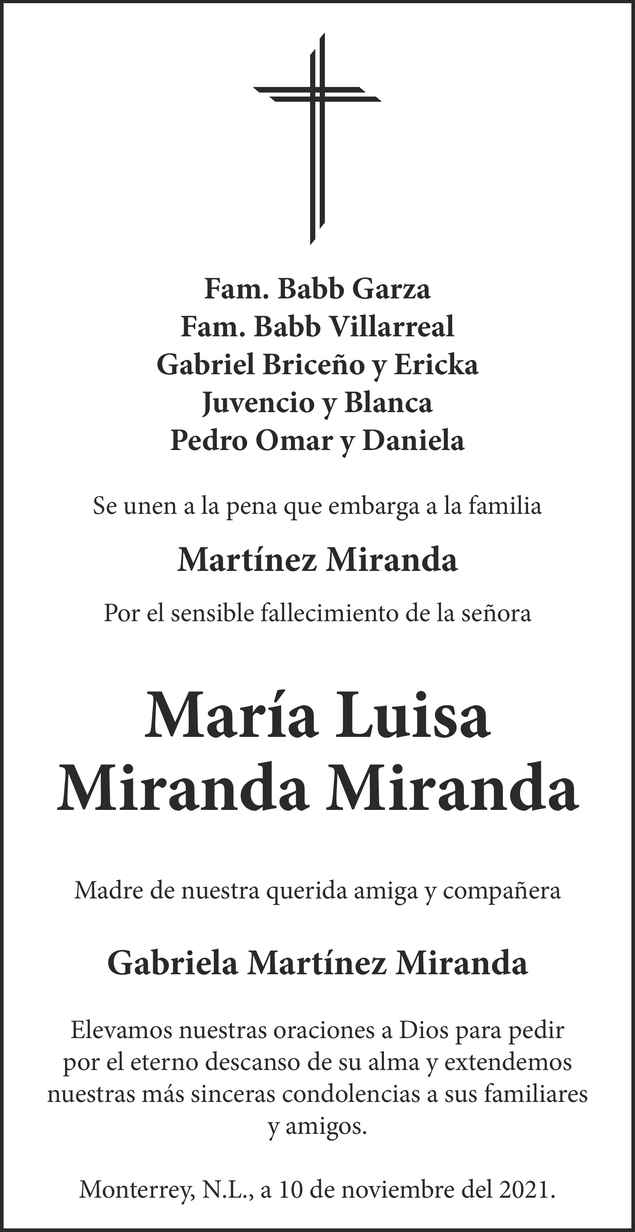 Señora María Luisa Miranda Miranda Obituario Esquela