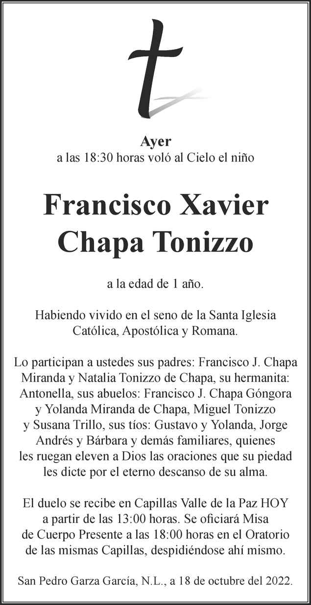 Niño Francisco Xavier Chapa Tonizzo Obituario Esquela