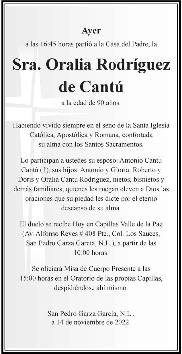 Sra. Oralia Rodríguez de Cantú Obituario Esquela