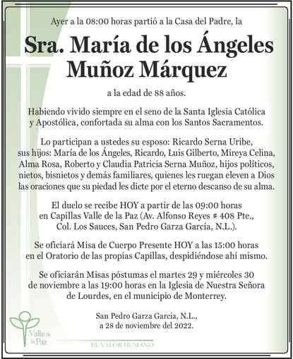 Sra María de los Ángeles Muñoz Márquez Obituario Esquela