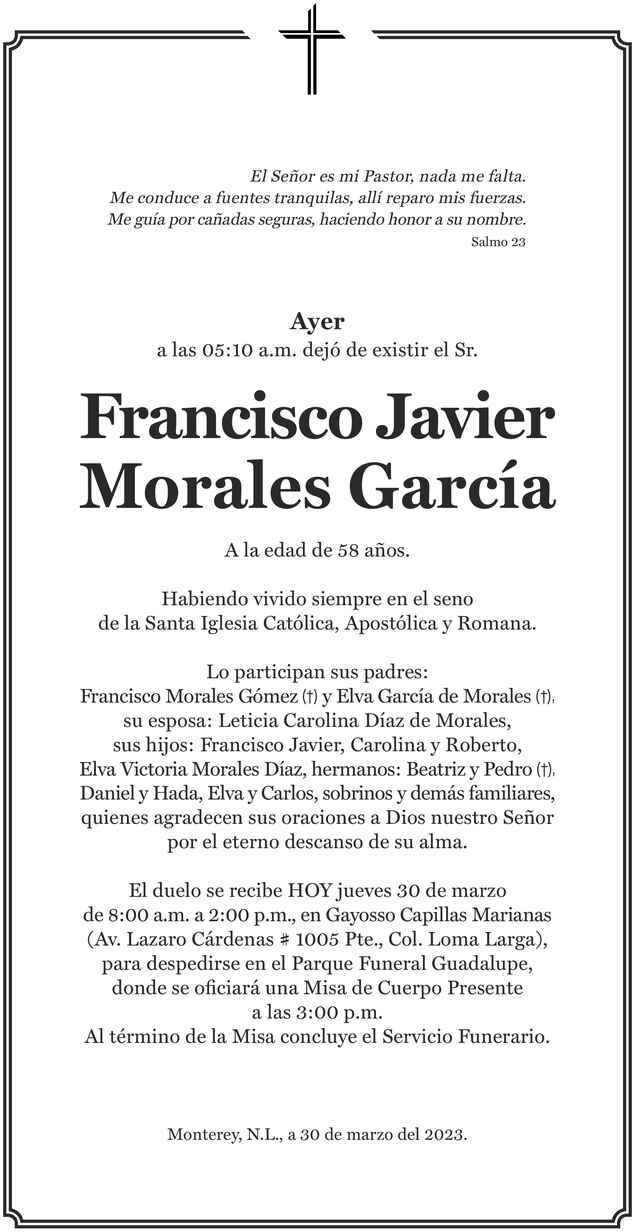 Sr. Francisco Javier Morales García Obituario Esquela