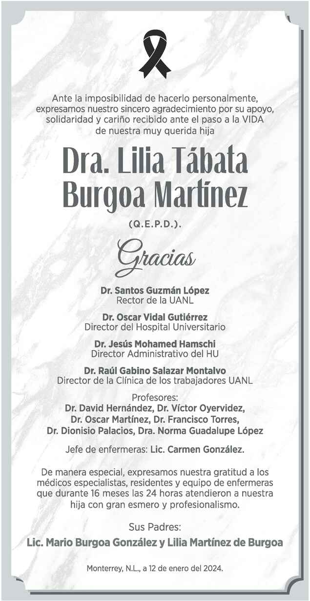 Dra. Lilia Tábata Burgoa Martínez Obituario Esquela