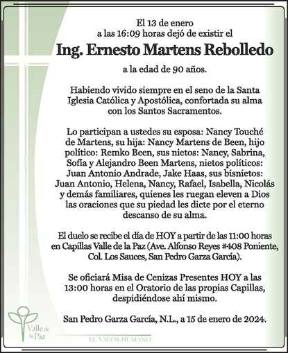Ing. Ernesto Martens Rebolledo Obituario Esquela