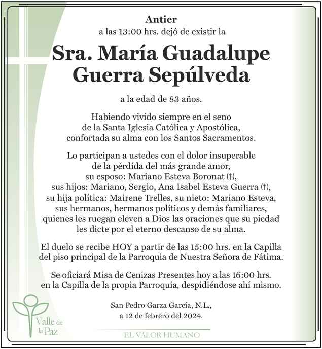 Sra. María Guadalupe Guerra Sepúlveda Obituario Esquela
