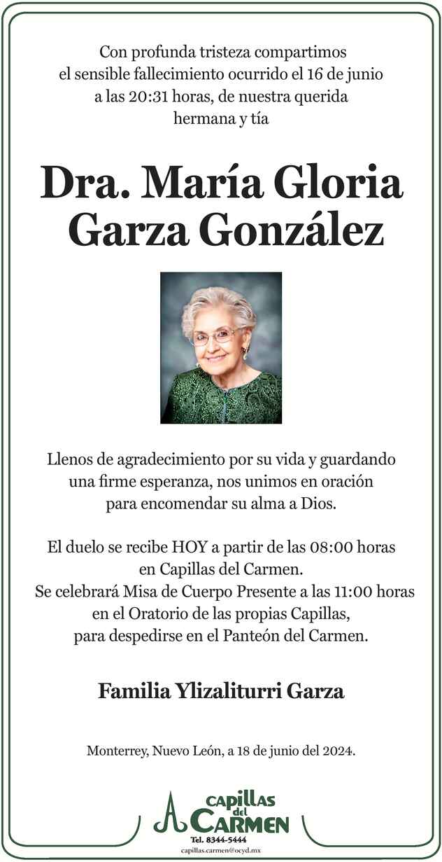 Dra. María Gloria Garza González Obituario Esquela