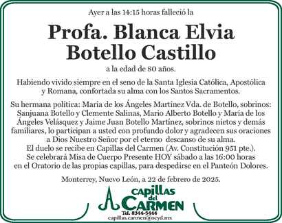Profa. Blanca Elvia Botello Castillo Obituario Esquela