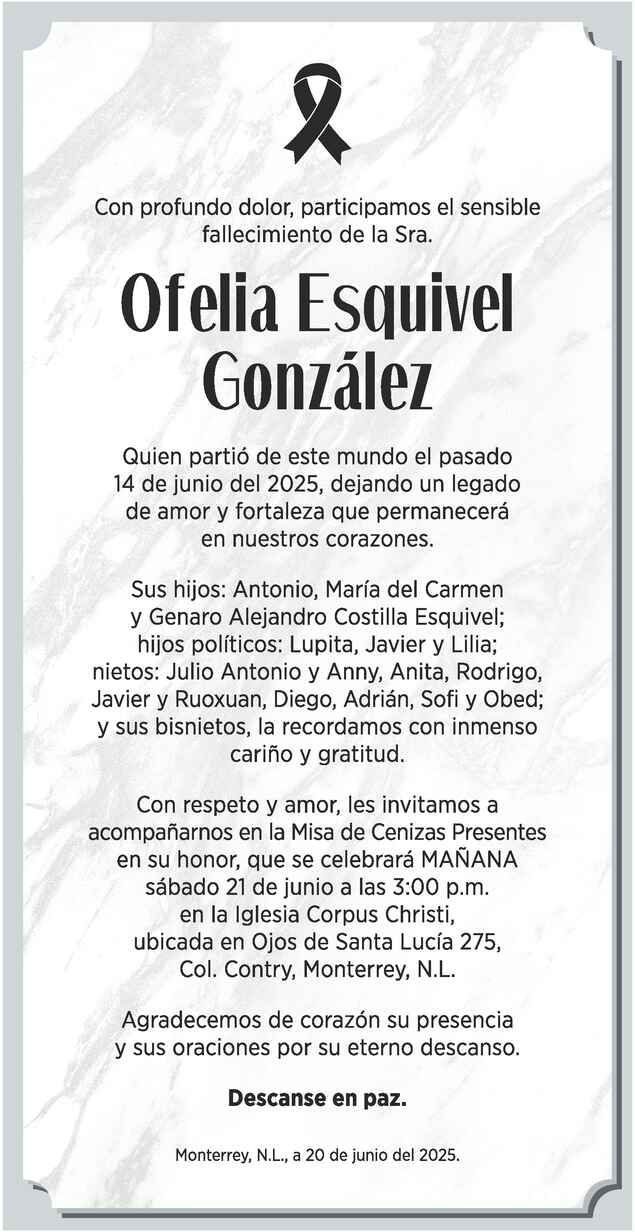 Sra. Ofelia Esquivel González Obituario Esquela