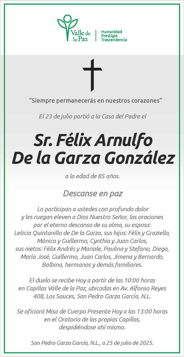 Félix Arnulfo De la Garza González Obituario Esquela