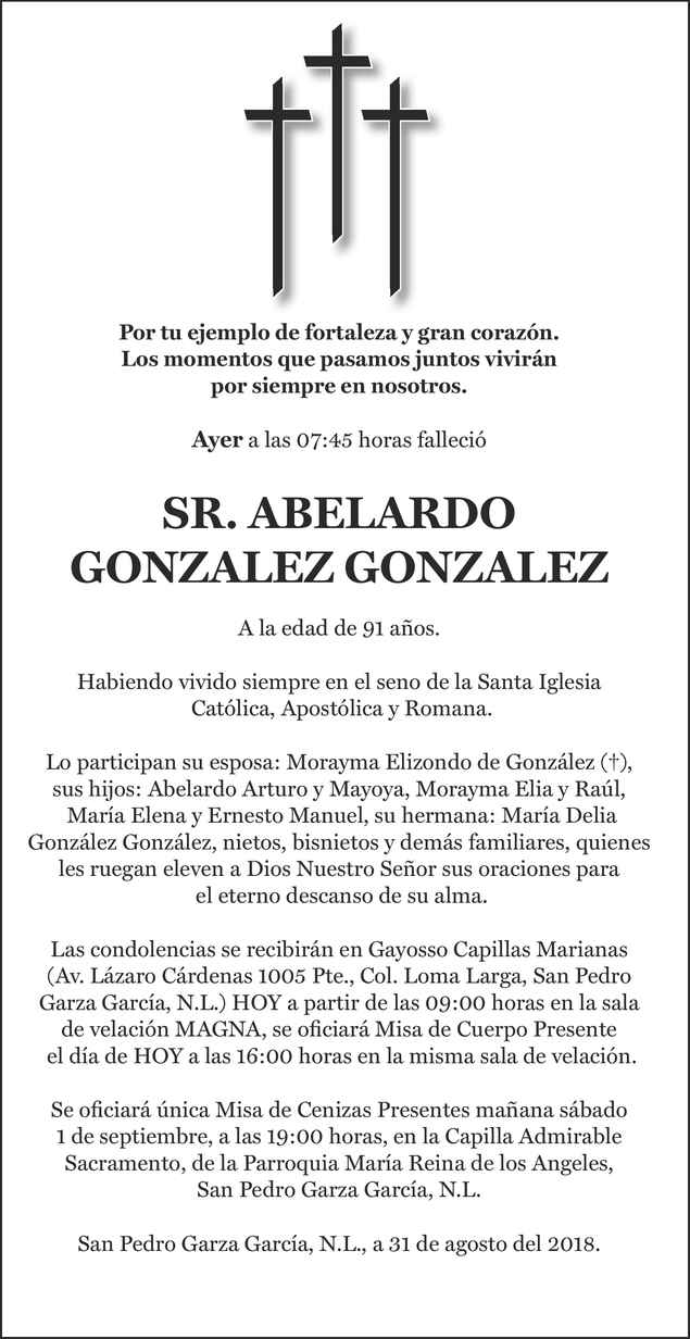 Señor Abelardo González González Obituario Esquela