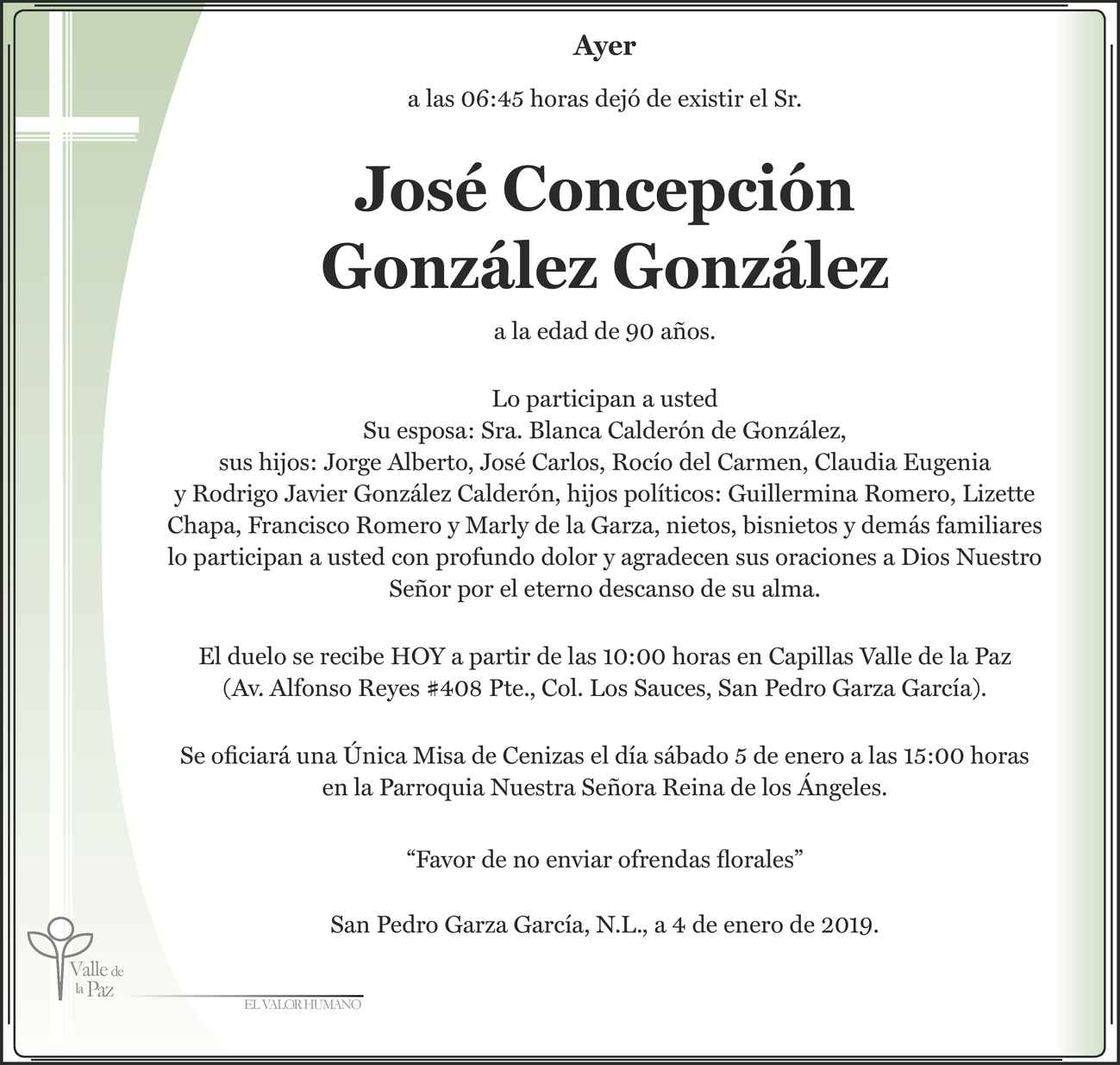 Señor José Concepción González González Obituario Esquela
