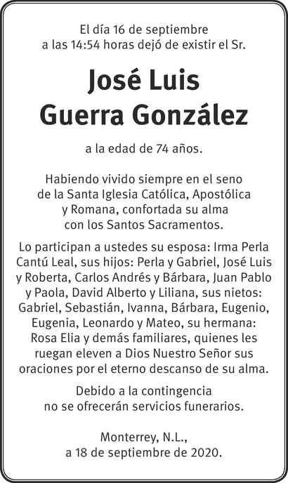 Señor José Luis Guerra González Obituario Esquela