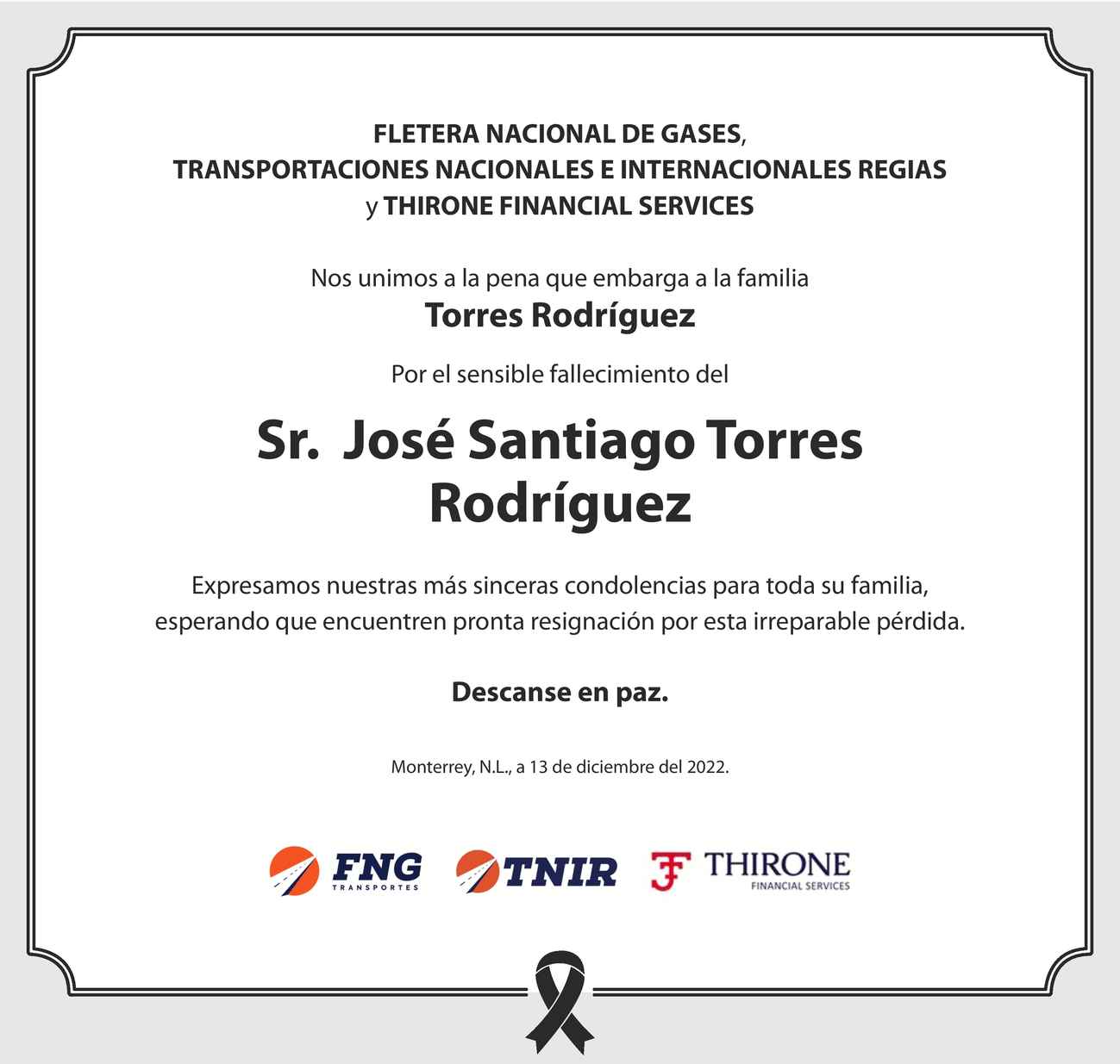 Sr. José Santiago Torres Rodríguez Obituario Esquela Sr. José Santiago Torres Rodríguez Obituario Esquela