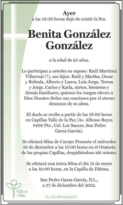 Señora Benita González González Obituario Esquela