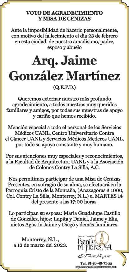 Arq. Jaime González Martínez Obituario Esquela