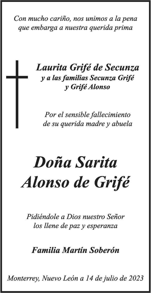 Doña Sarita Alonso de Grifé Obituario Esquela