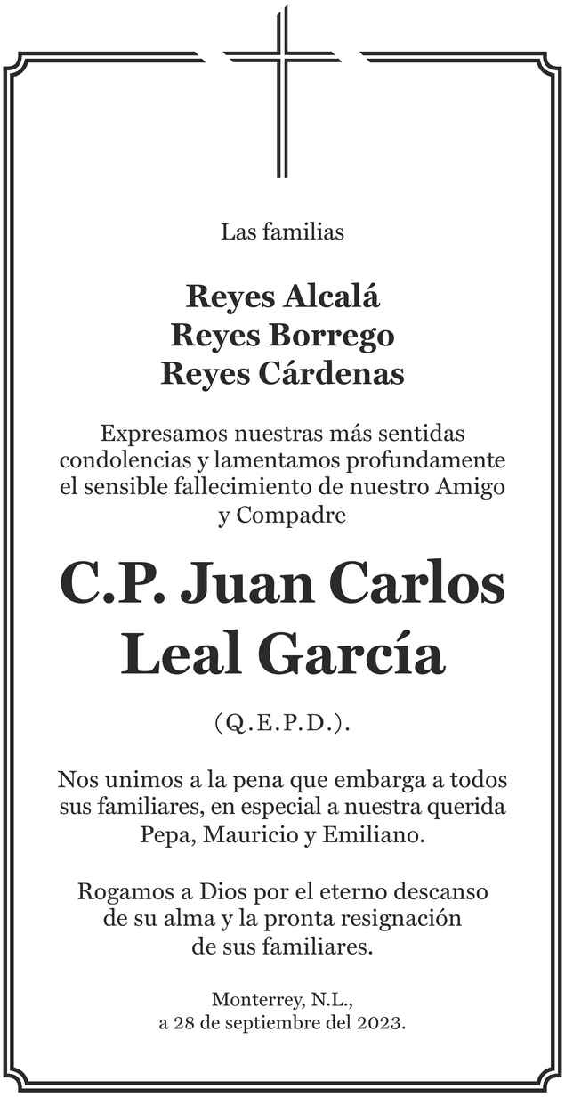 C.P. Juan Carlos Leal García Obituario Esquela