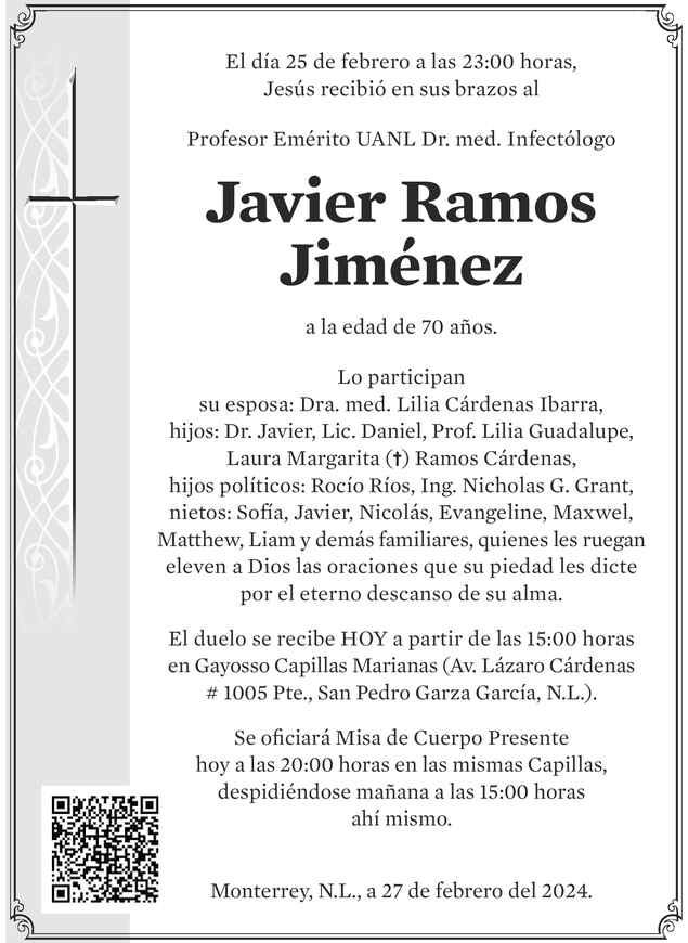 Dr. Javier Ramos Jiménez Obituario Esquela