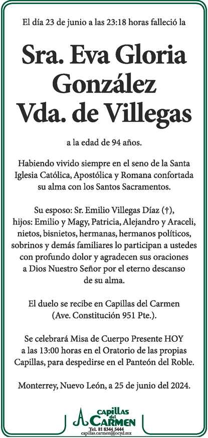 Sra. Eva Gloria González Vda. de Villegas Obituario Esquela