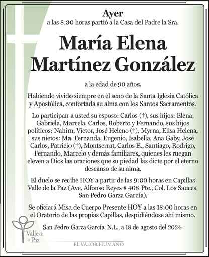 Señora María Elena Martínez González Obituario Esquela