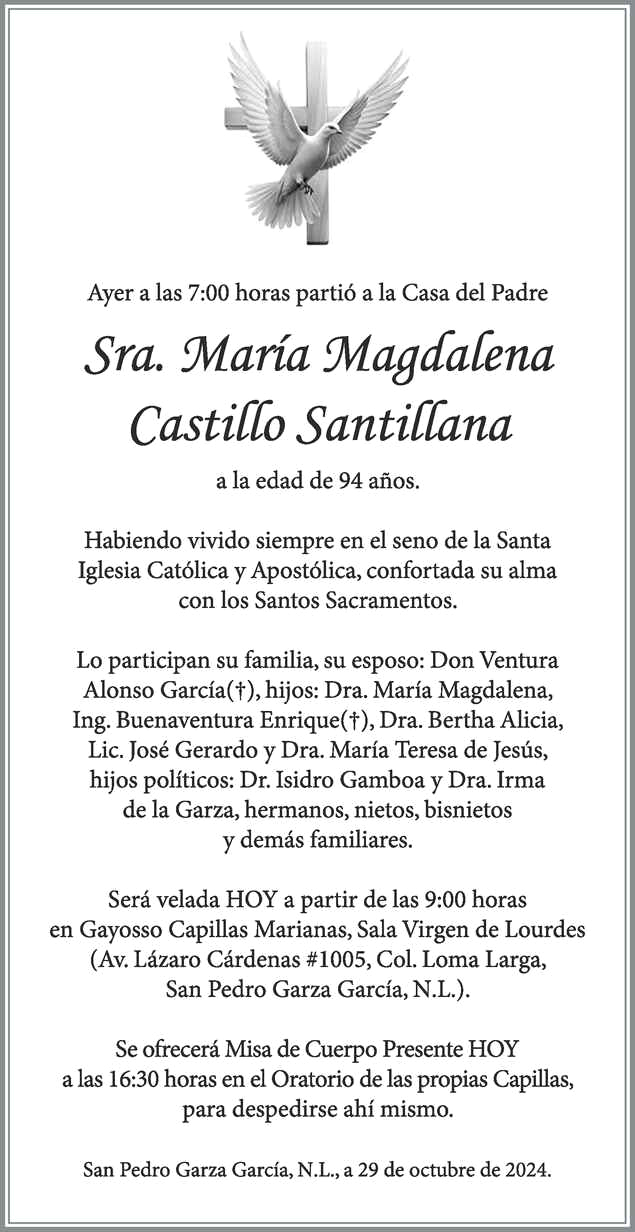 Sra. María Magdalena Castillo Santillana Obituario Esquela