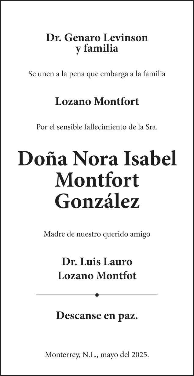 Sra. Nora Isabel Montfort González Obituario Esquela