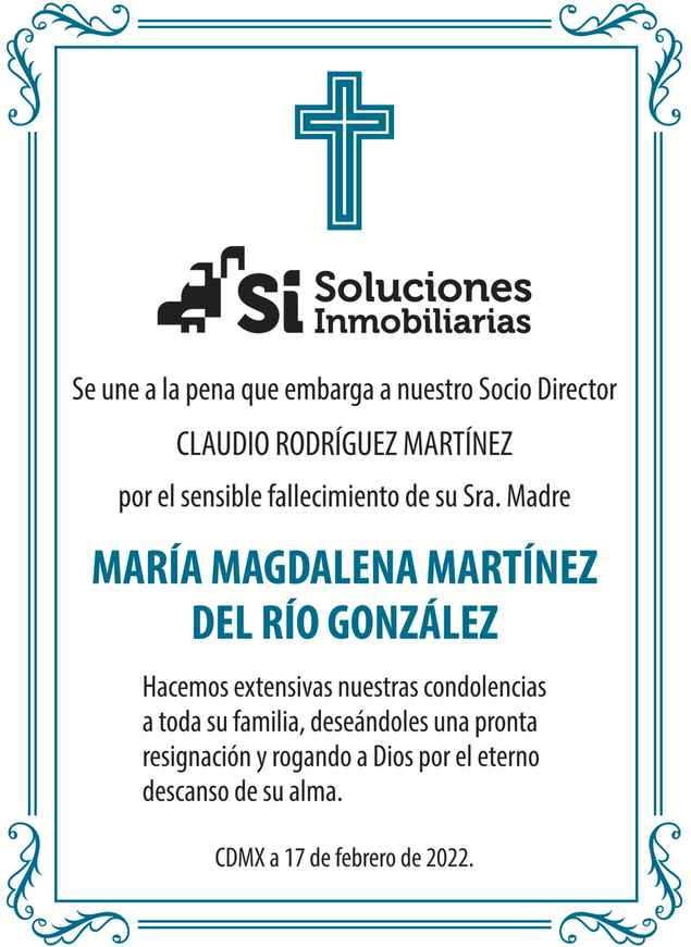 Señora Maria Magdalena Martínez del Rio Gonzalez Obituario Esquela