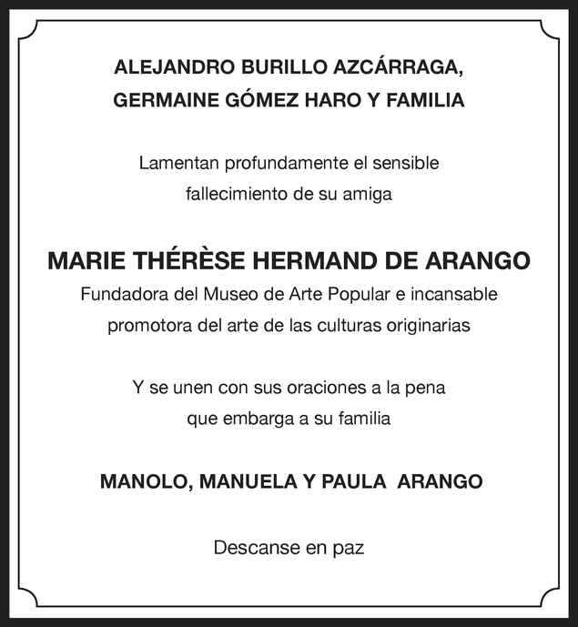 Señora Marie Therese Hermand de Arango Obituario Esquela